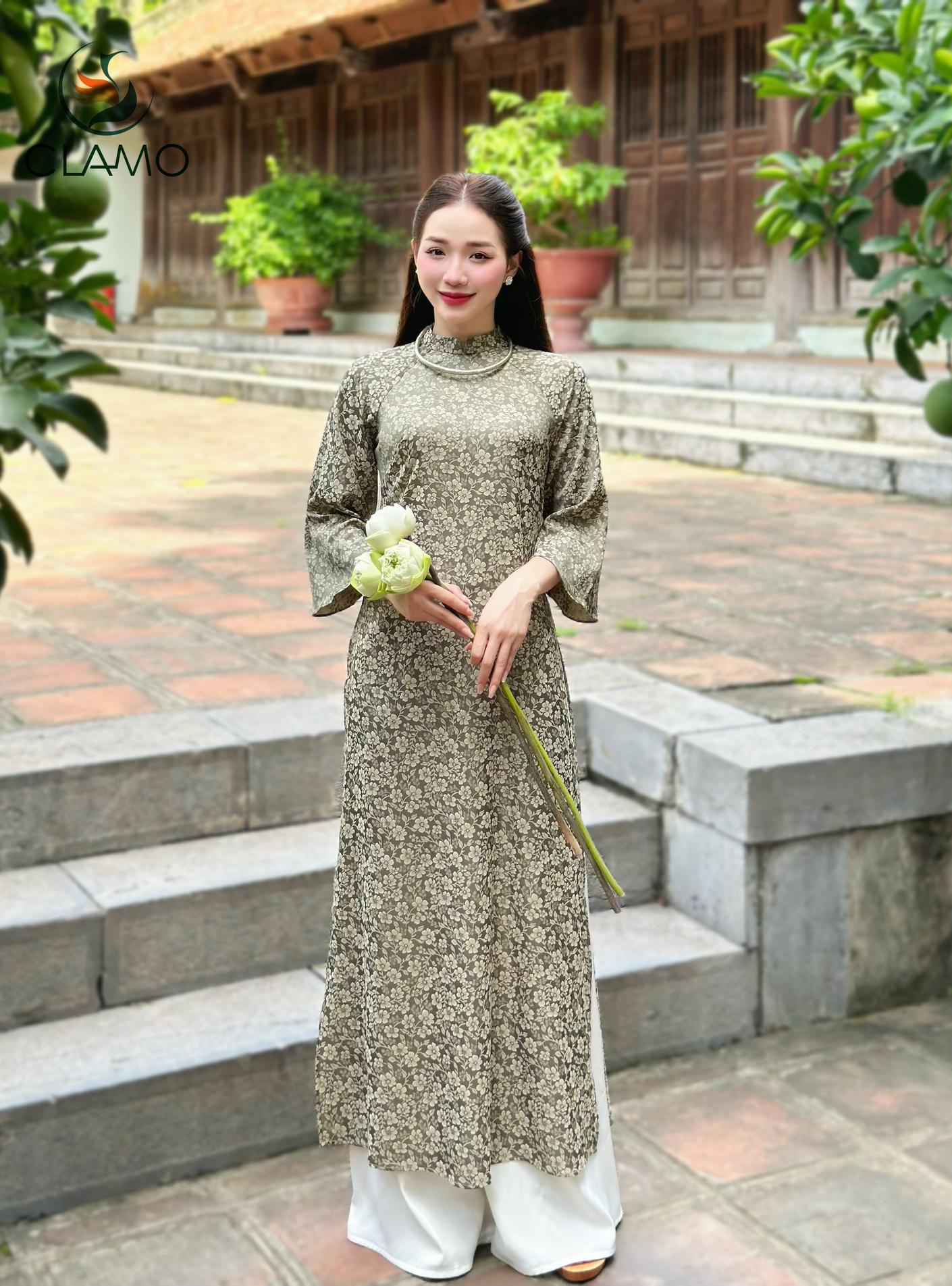 Áo dài lụa gấm vân hoa mai - Xanh rêu